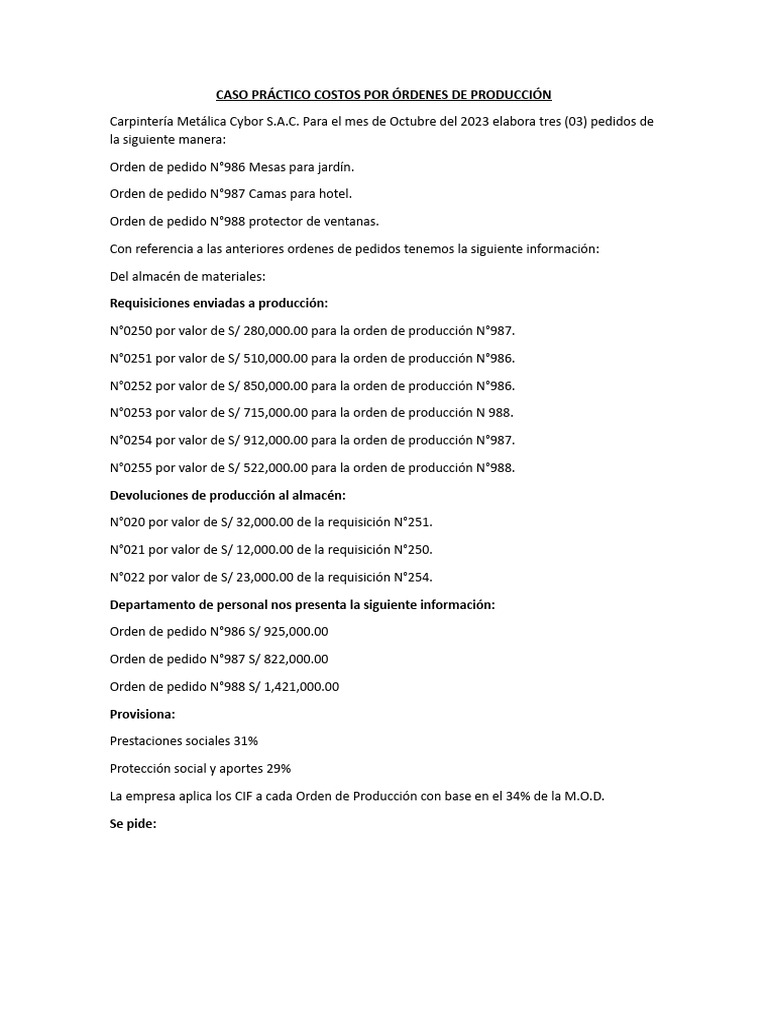 Caso Práctico Costos Por Órdenes de Producción 01 | PDF