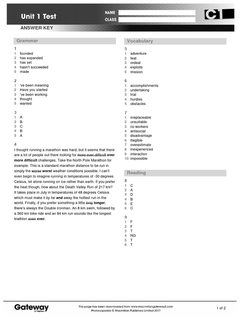 C1 UNIT 1 Test Answer Key | PDF | Human Communication