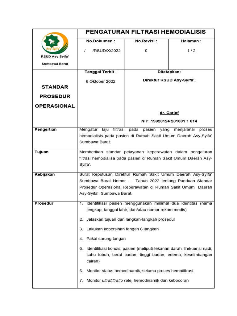 Pengaturan Filtrasi Hemodialisis | PDF