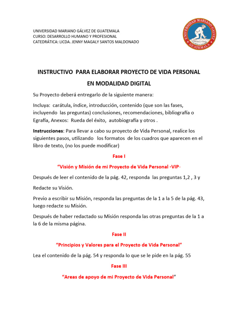 Instructivo Proyecto Vida Personal | PDF