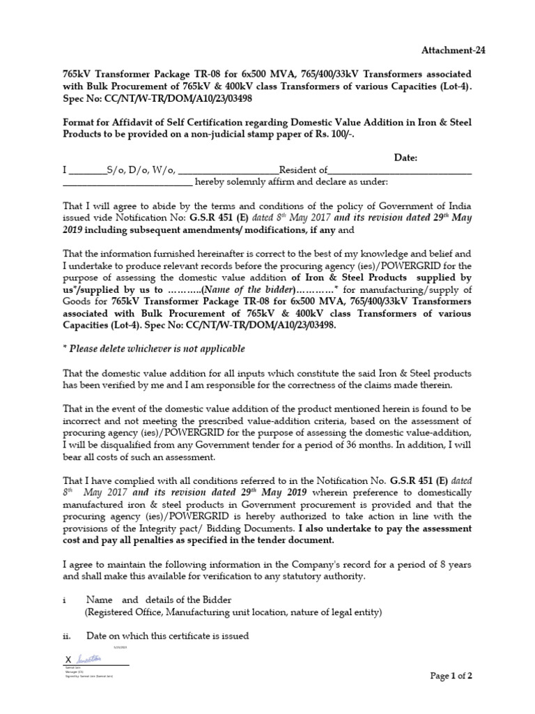 06 - Attachment-24-Affidavit For Self Certifictaion-Iron & Steel | PDF | Justice | Crime & Violence
