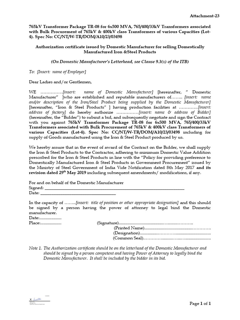 Domestic Manufacturer Authorization Certificate | PDF