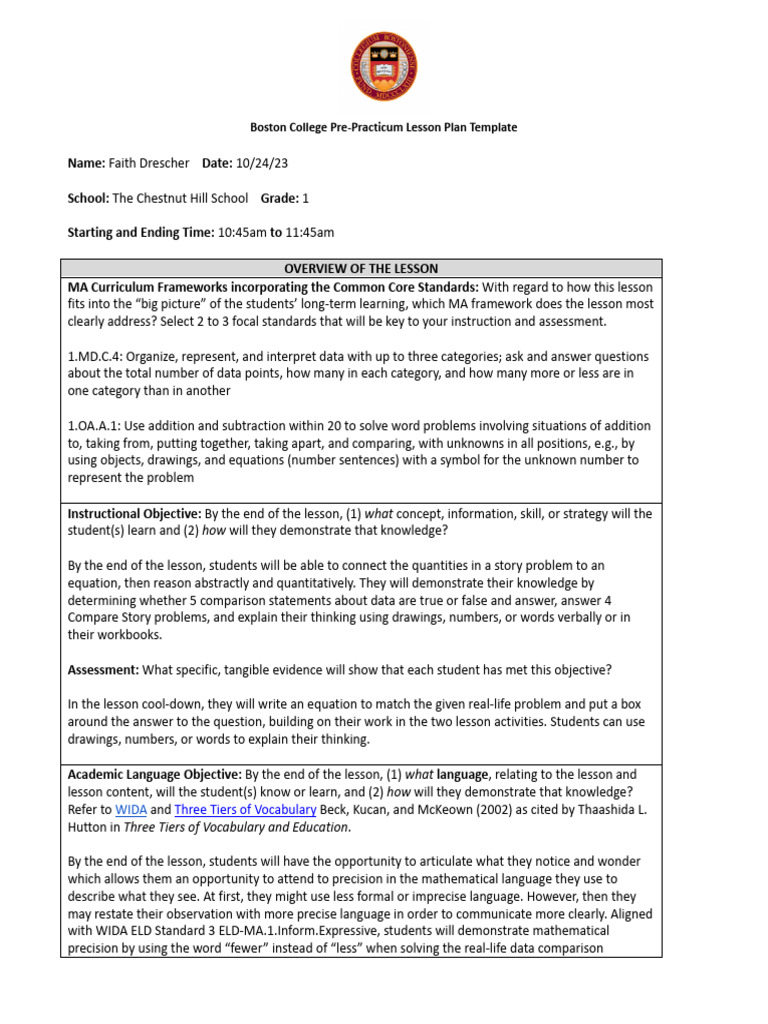 Boston College Pre-Practicum Lesson Plan Template: Three Tiers of ...