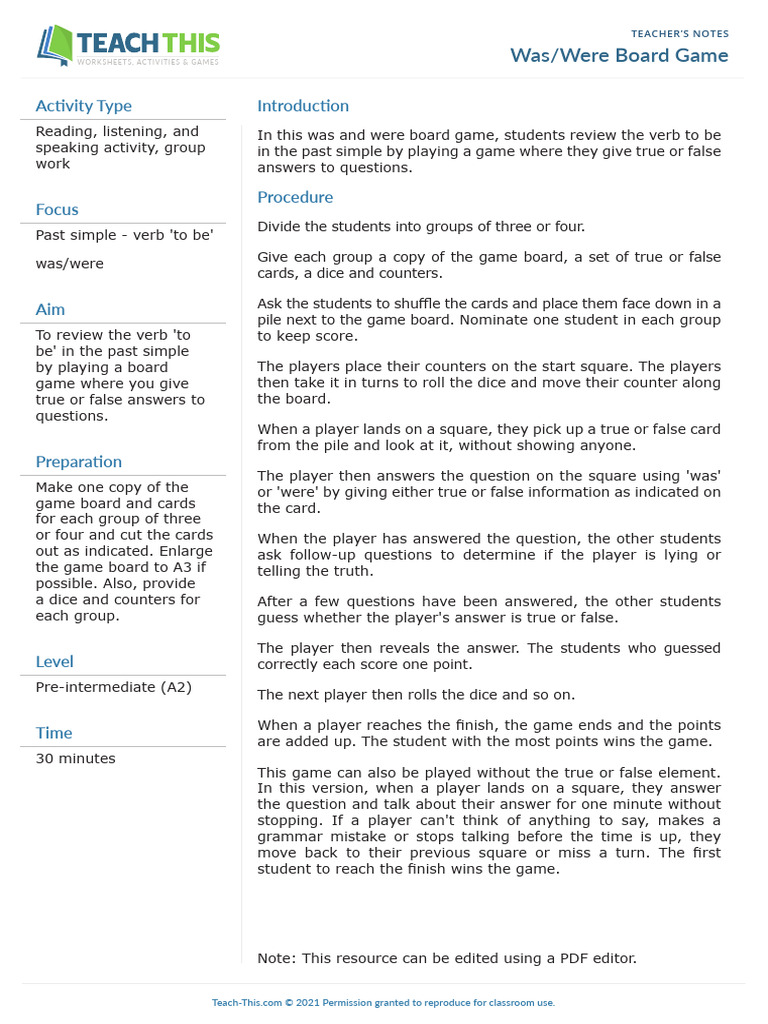 Was Were Board Game | PDF