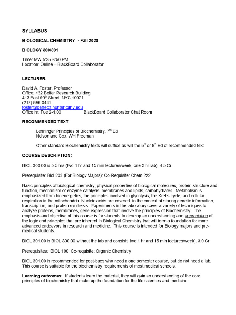 300 Syllabus 2020 | PDF | Chemistry | Biochemistry