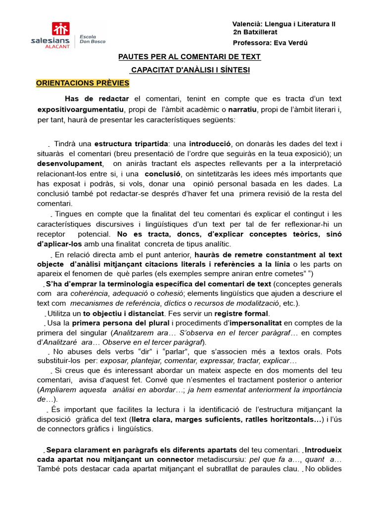 Pautes Per Al Comentari de Text | PDF