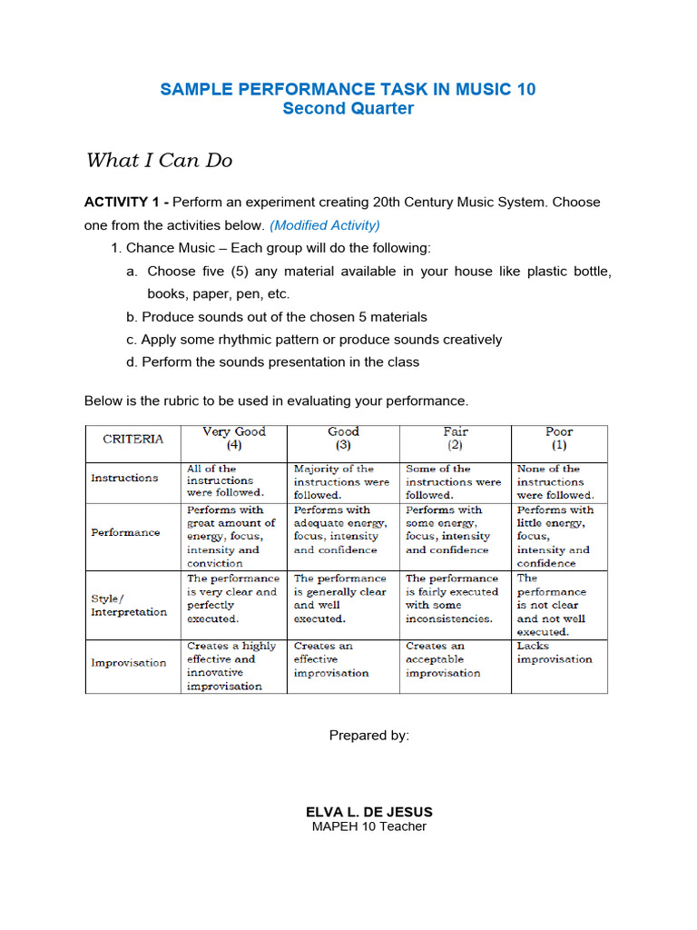 Sample Performance Task in Music10 | PDF
