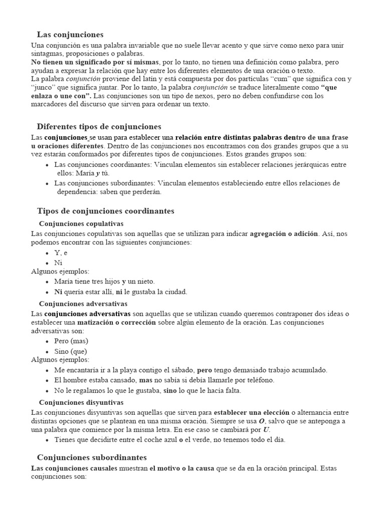 Ejemplos y tipos de conjunciones | PDF | Oración (Lingüística) | Sintaxis