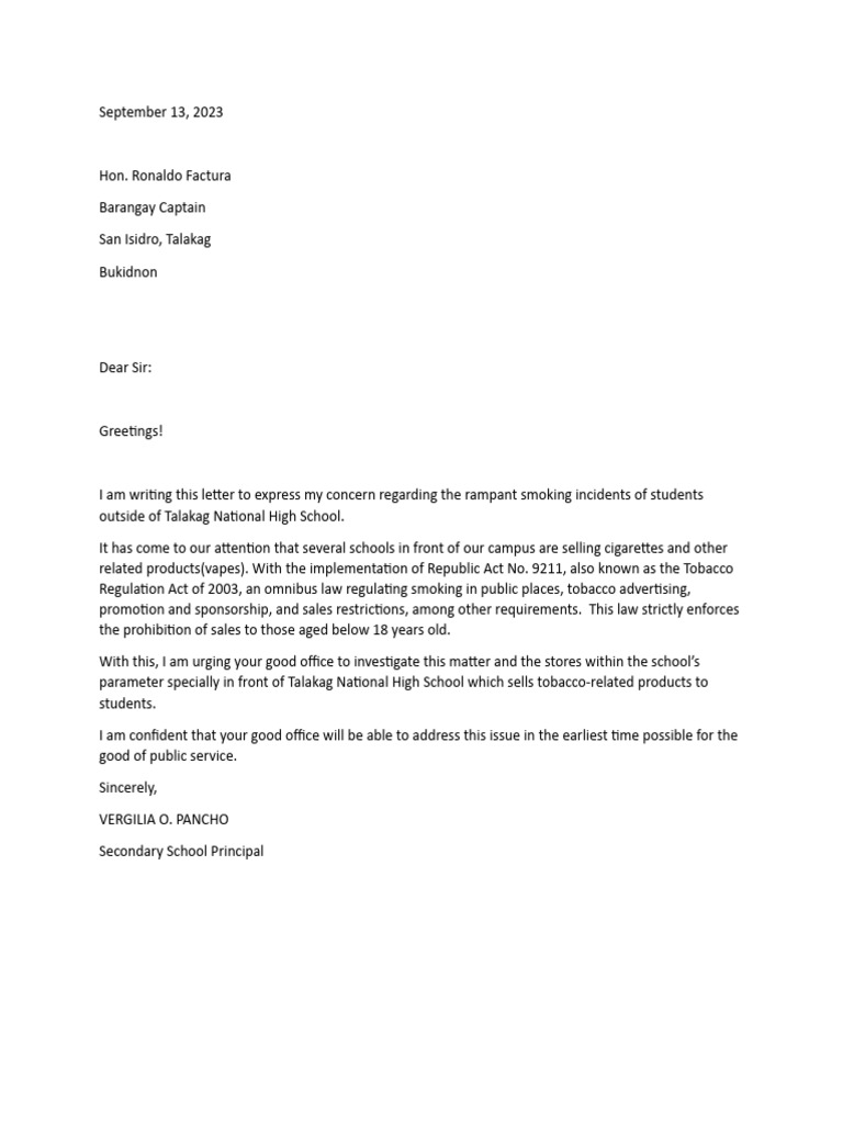 Letter To Barangay On Request of No Smoking | PDF Letter To Barangay On Request of No Smoking | PDF