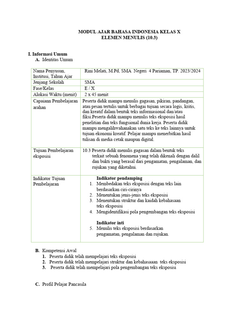 CONTOH Modul Ajar Bahasa Indonesia - MENULIS TEKS EKSPOSISI - Fase E | PDF