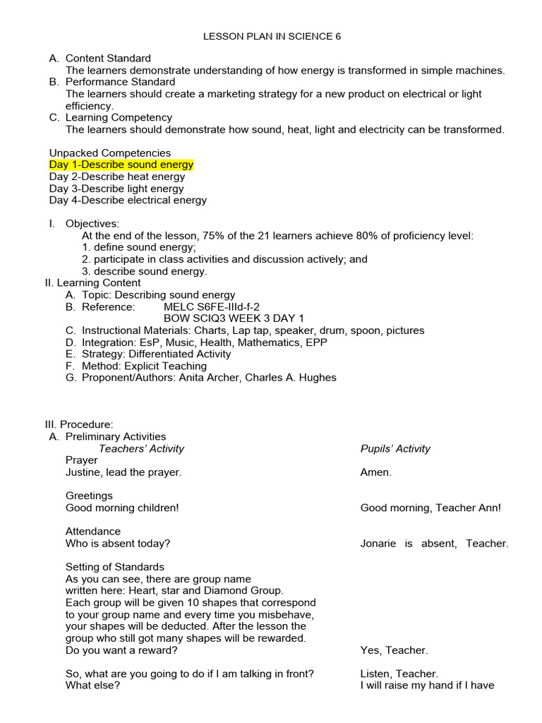 Lesson Plan in Science 6 Q3 | PDF | Sound | Friction