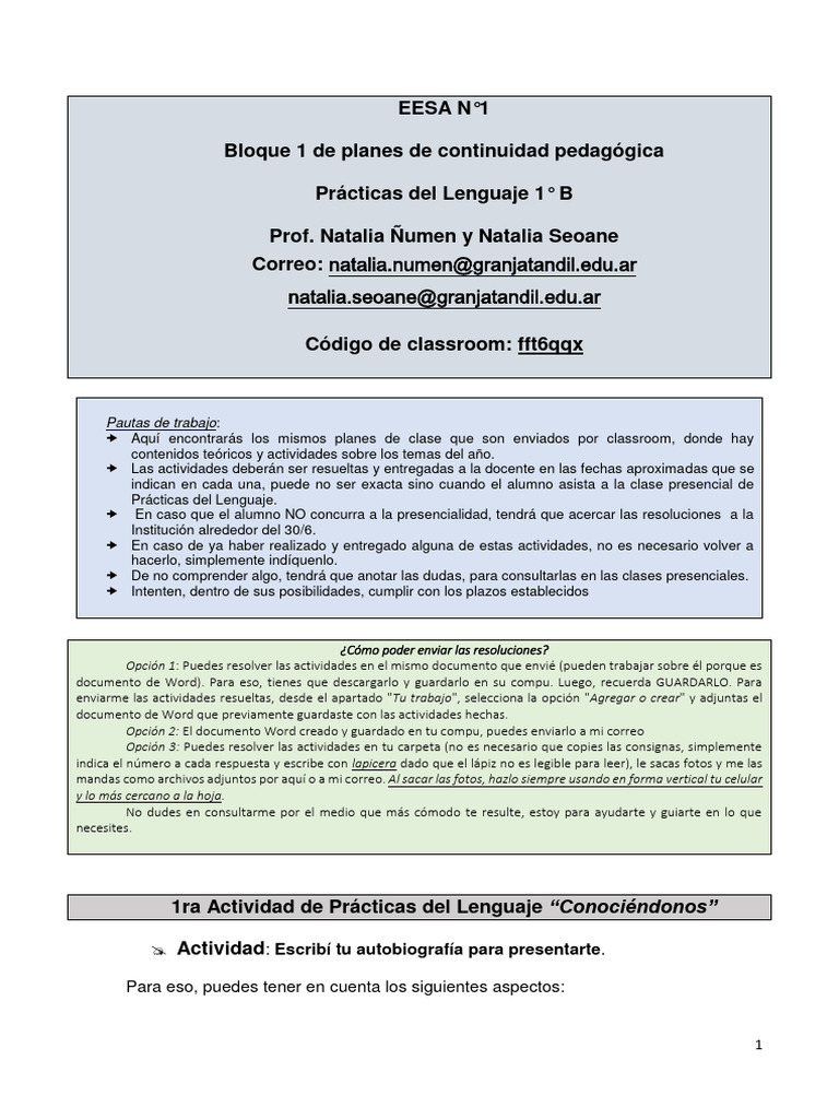 Prácticas Del Lenguaje 1B Bloque 1 de Planes de Continuidad Pedagógica | PDF | Comunicación | Jaguar