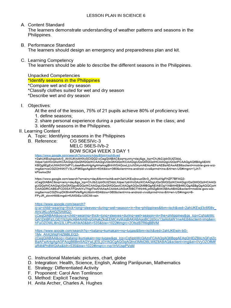 Lesson Plan in Science 6 Q4 | PDF | Precipitation | Monsoon