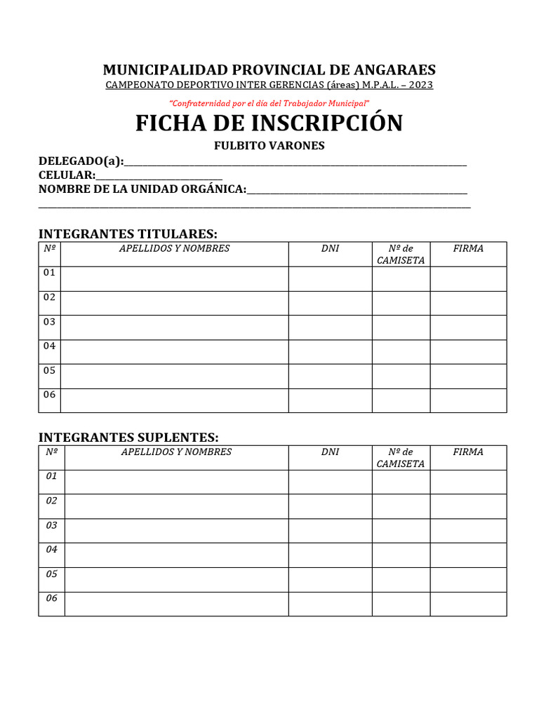 Ficha de Inscripción Fulbito 2023 | PDF