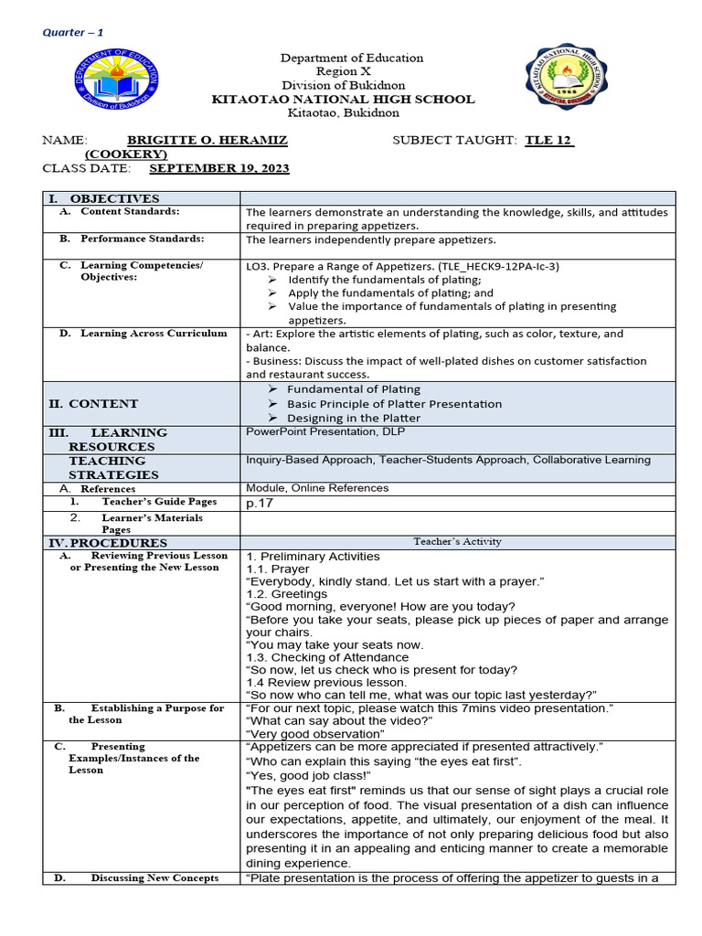 TLE 12 Cookery 1st Quarter Semi 2 | PDF | Experience | Learning