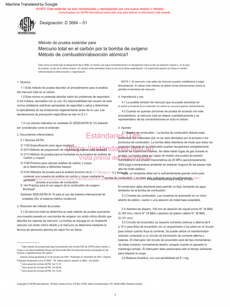 ASTM-D3684-01-1 | PDF | Mercurio (Elemento) | Oxígeno