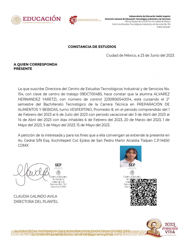 Constancia de Estudios CETis 154 | PDF