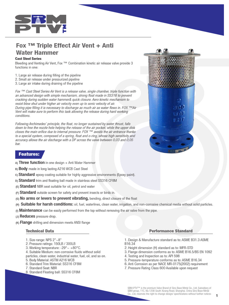 Fox ™ Triple Effect Air Vent + Anti Water Hammer: Features | PDF ...