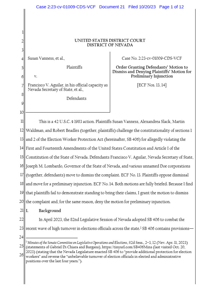 Court Dismisses Election Worker Lawsuit | PDF | Standing (Law) | Ashcroft V. Iqbal