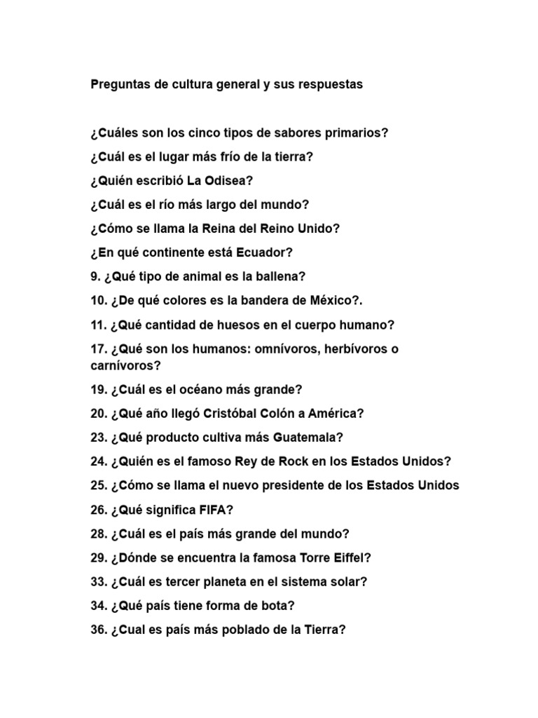 Preguntas de cultura general y sus respuestas | PDF | Guatemala