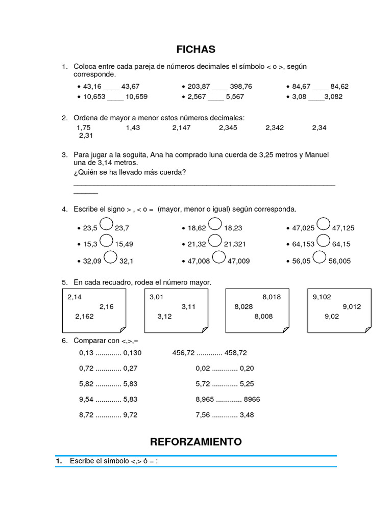 Hojas De Trabajo Para Ordenar Y Comparar Decimales