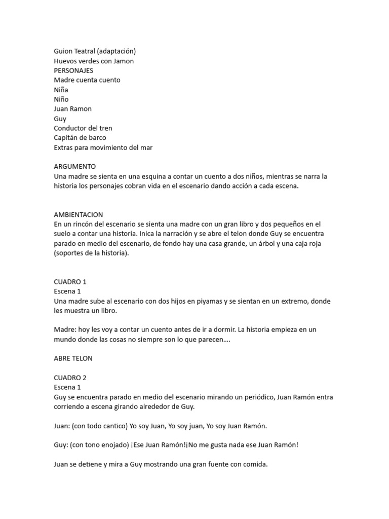 Guion Teatral (Adaptación) Huevos Verdes Con Jamon | PDF