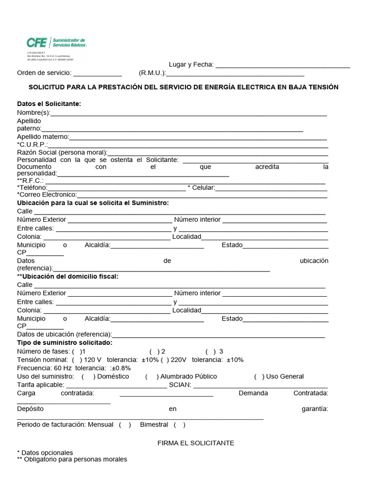 P-B001-014-R-01 Solicitud para La Prestación Del Servicio de Energía Eléctrica BT | PDF | Poder ...