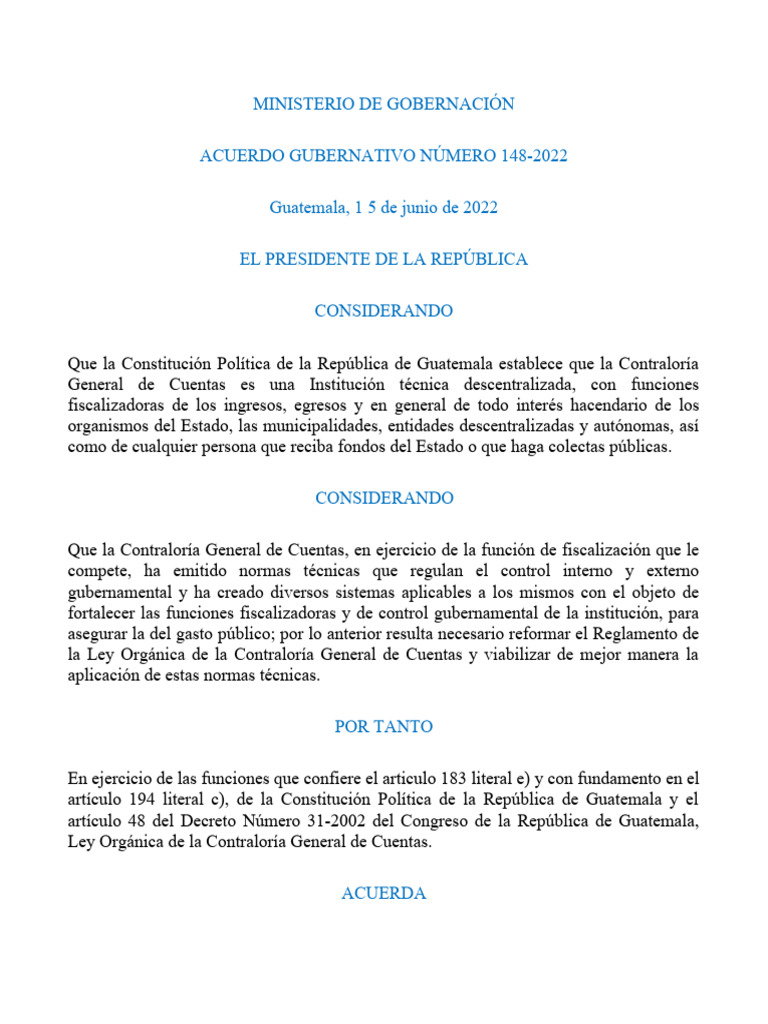 acuerdo 148-2022 reforma reglamento cgc | PDF | Auditoría | Contralor