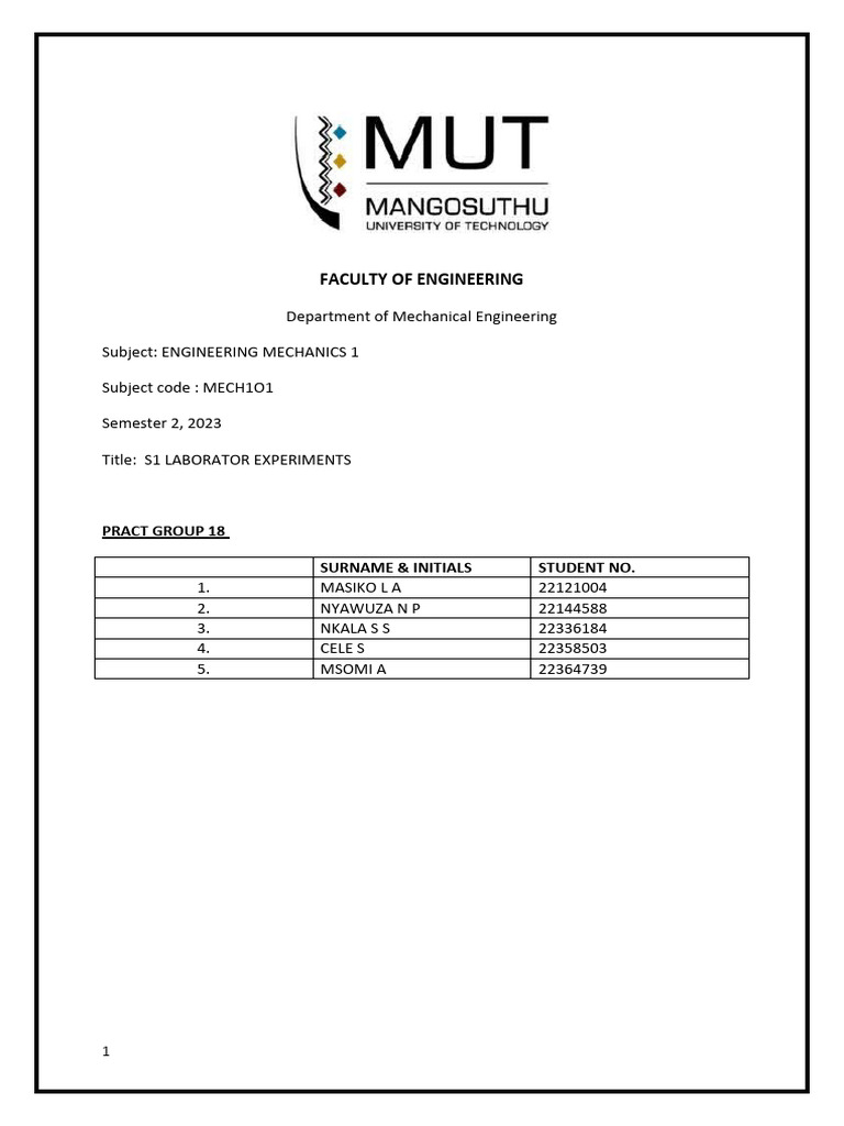 s1 Laboratory Experiments Practical Group 18 | PDF | Force | Mass