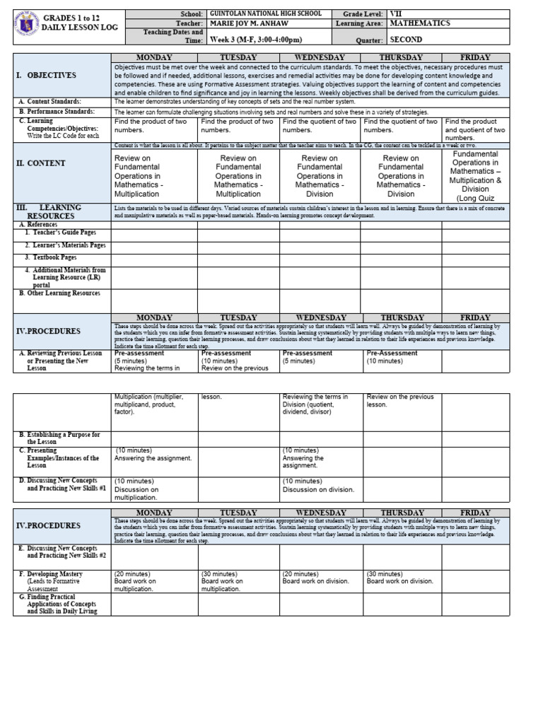 DLL - 1ST Quarter - MATH - WEEK 9 | PDF | Learning | Teachers