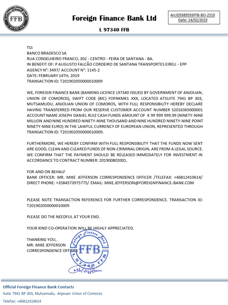 Confirmed-The Declaration For The Bank Regarding The Transaction ...