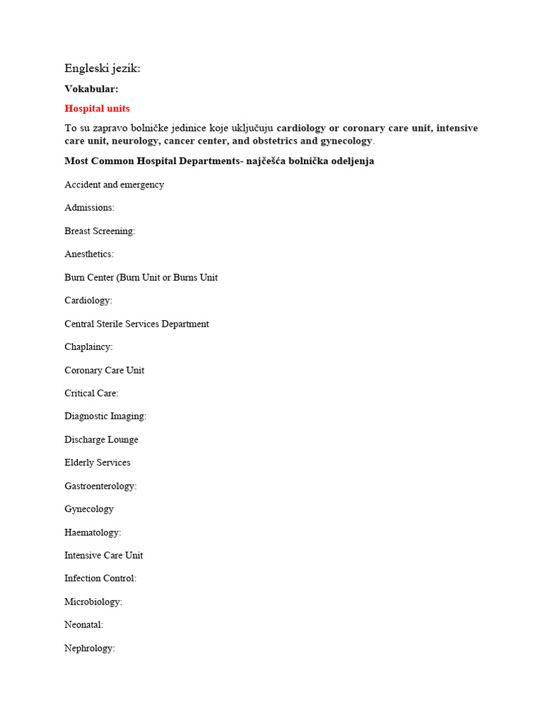 Hospital Vocabulary in English | PDF | Surgery | Clinical Medicine
