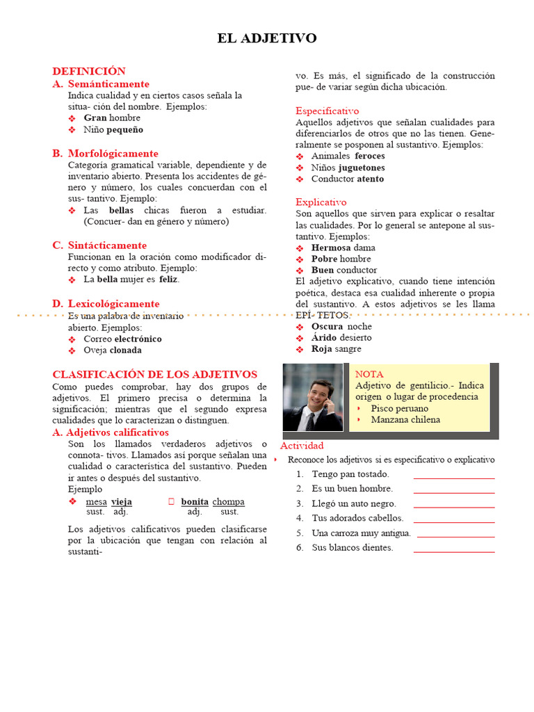 El Adjetivo para Primer Grado de Secundaria | PDF | Adjetivo | Palabra