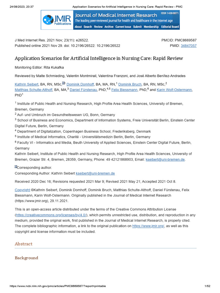 Application Scenarios For Artificial Intelligence in Nursing Care ... Application Scenarios For Artificial Intelligence in Nursing Care ...