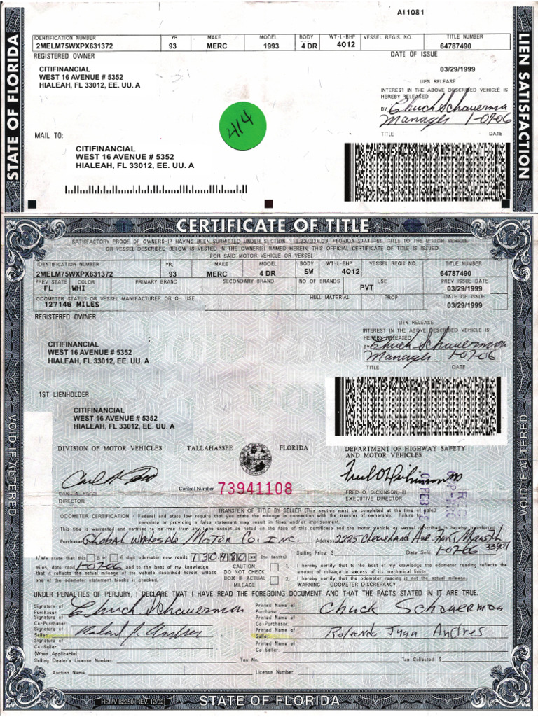Florida Vehicle Title Example | PDF