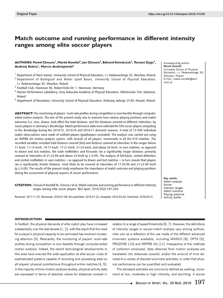Match Outcome and Running Performance | PDF | Mean | Standard Deviation