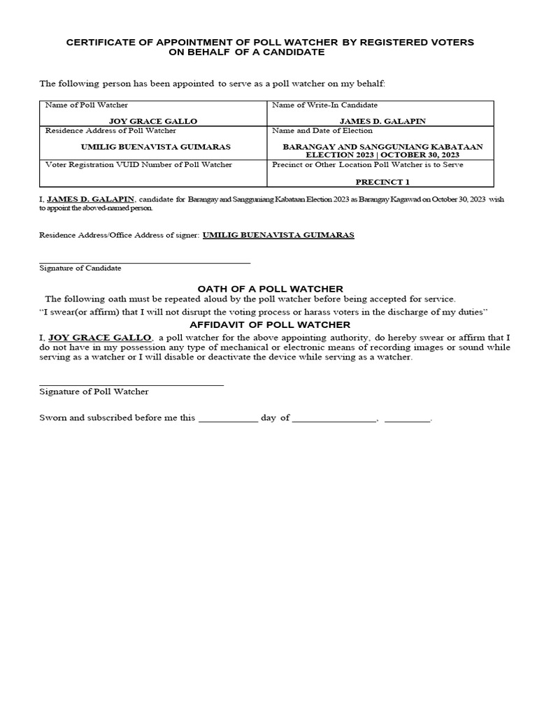 Certificate of Appointment of Poll Watcher by Registered Voters On ...