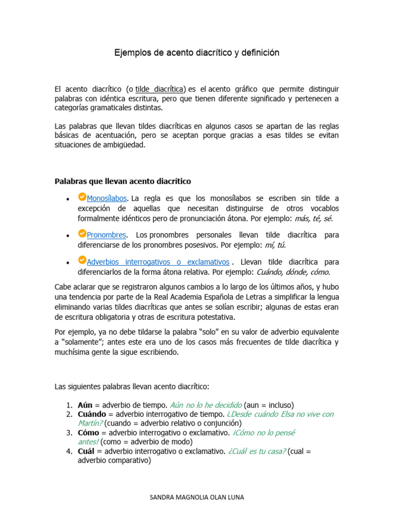 Ejemplos de Acento Diacrítico y Definición | PDF