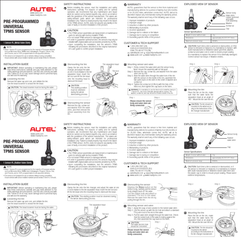 1-Sensor PL Quick Operation Guide | PDF | Tire | Automotive Industry