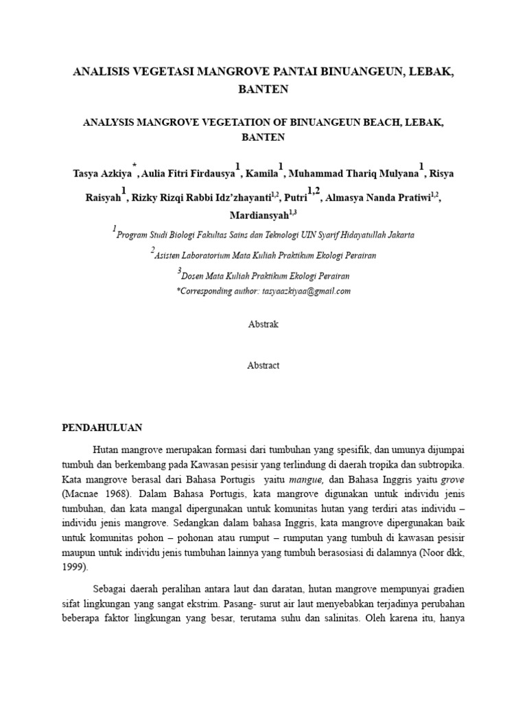 Analisis Vegetasi Mangrove Pantai Binuangeun, Lebak, Banten | PDF Analisis Vegetasi Mangrove Pantai Binuangeun, Lebak, Banten | PDF