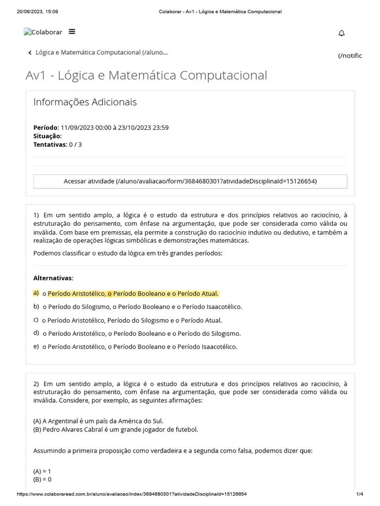 Colaborar - Av1 - Lógica e Matemática Computacional | PDF