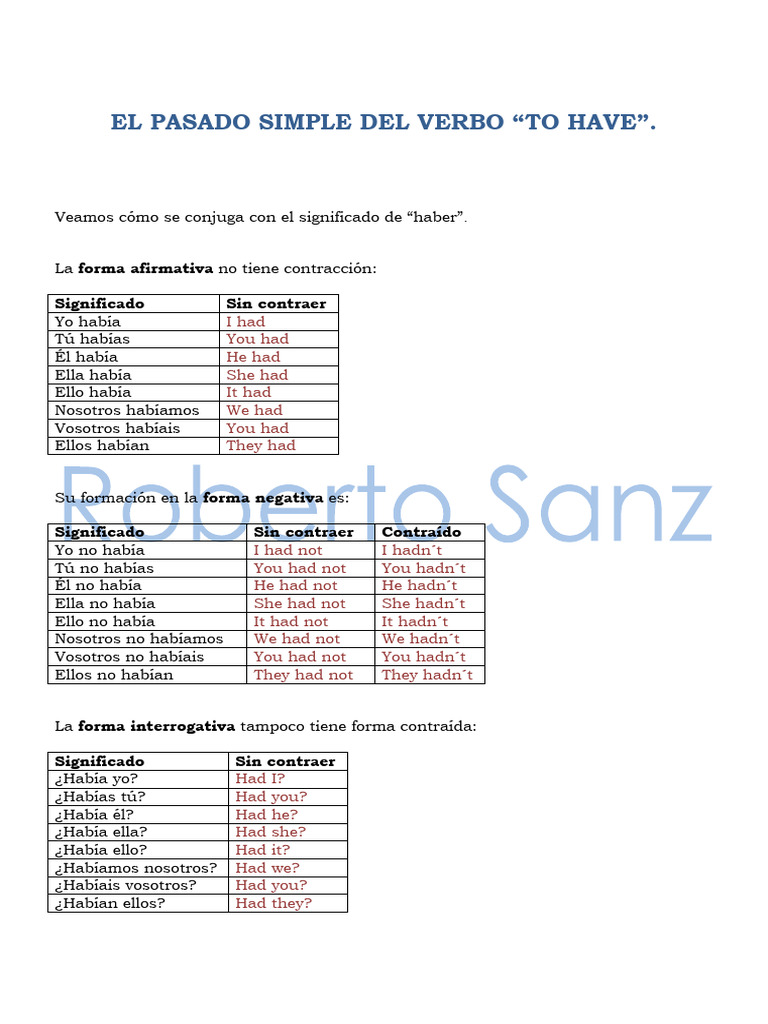 3.3 Clase 13. El Pasado Simple Del Verbo To HAVE PDF | PDF