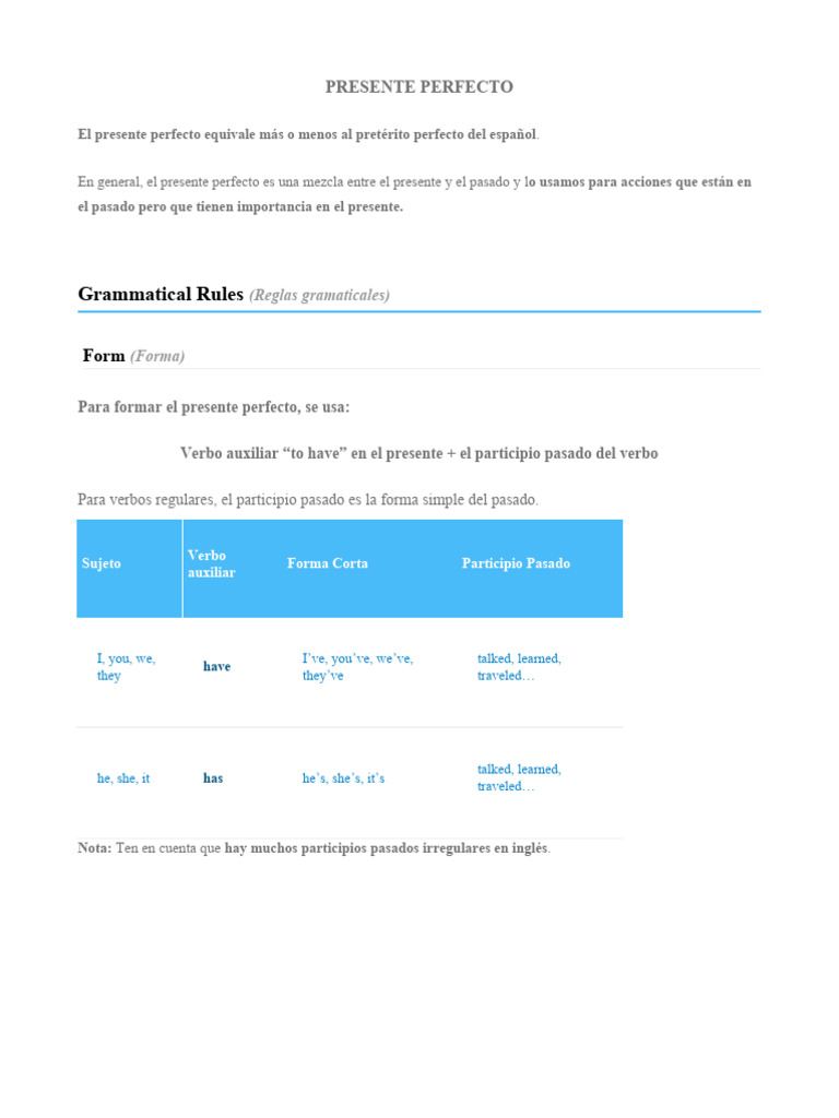 Usos y reglas del presente perfecto | PDF | Verbo | Gramática