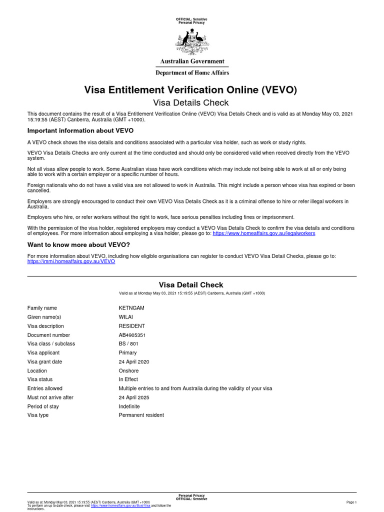 VEVO Visa Details Check - WILAI KETNGAM | PDF | Travel Visa | Employment