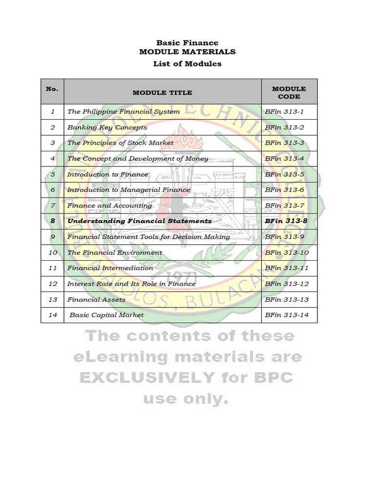 Basic Finance Module Materials List of Modules: No. Module Title Code ...