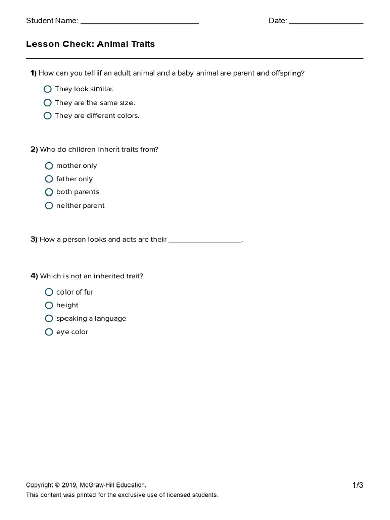 Lesson+Check Animal+Traits | PDF