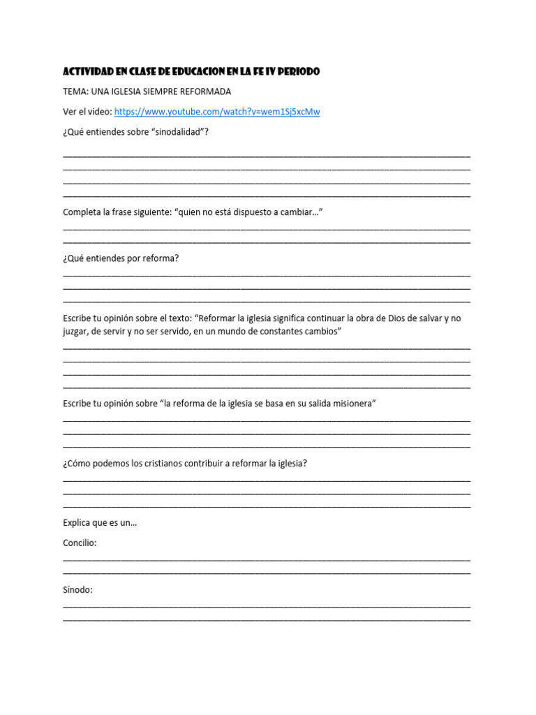 Actividad en Clase de Educacion en La Fe Iv Periodo | PDF | Iglesia cristiana | Creencia ...