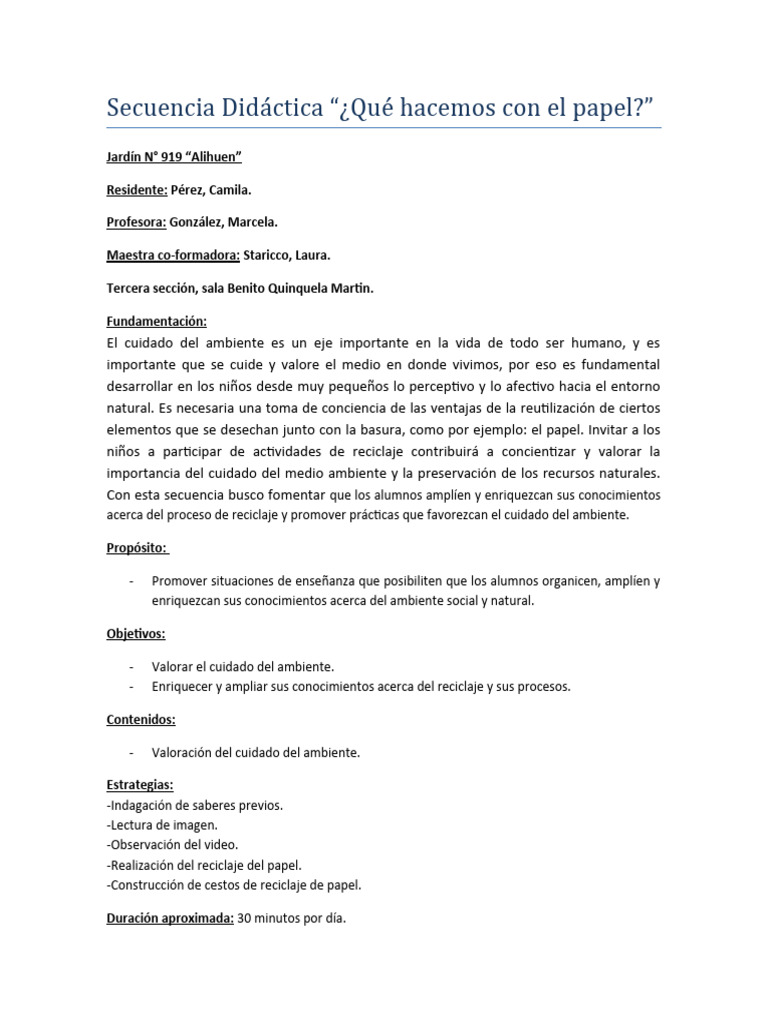 Jardin N°919 Perez Camila Secuencia Didáctica Del Reciclaje | PDF | Reciclaje | Papel