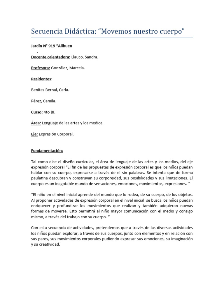 Secuencia Didáctica Movemos El Cuerpo | PDF