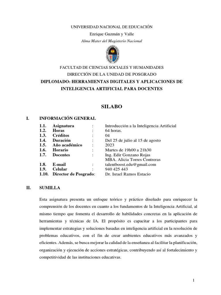 MODULO - 01 - SILABO Introducción IA | Descargar gratis PDF | Inteligencia artificial ...